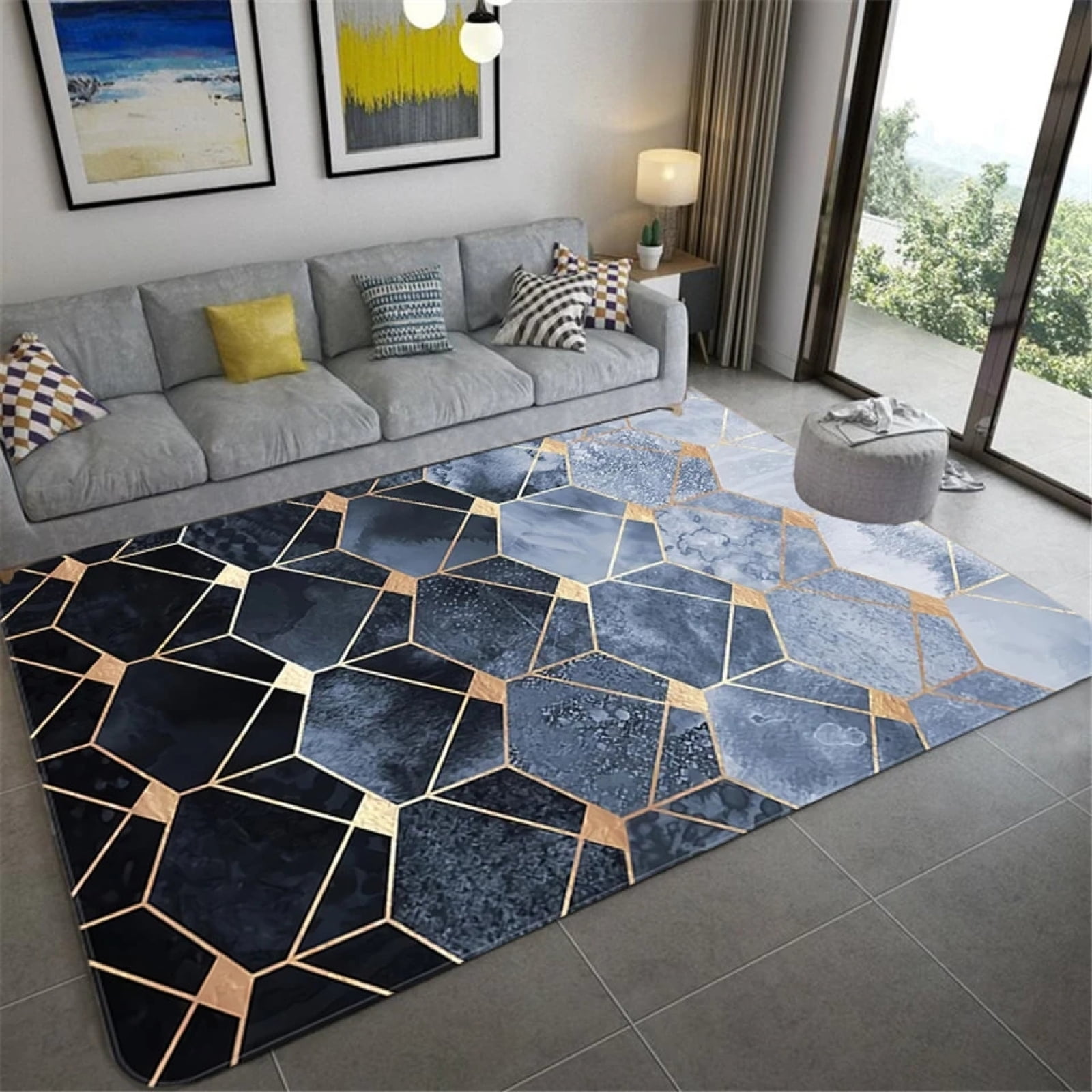 Modern Luxury Blue Gold Area Rug, Irregular Geometric Art Home Decor ...