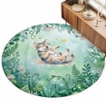 Cartoon Cute Wolf Stars Round Rug 3ft Forest Green Leaf Flower Plant ...