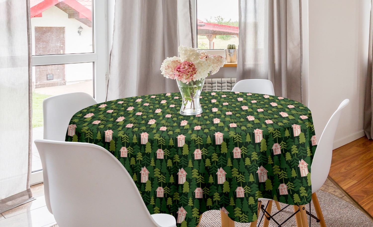 Forest Round Tablecloth, Houses Among Trees in the Woodland Nature Town ...
