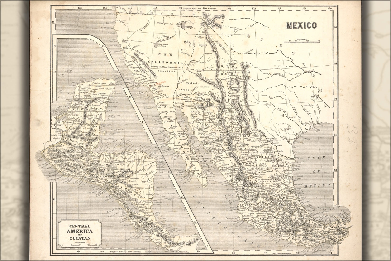 24"x36" Gallery Poster, map of Mexico and Inset of Central America 1842 ...