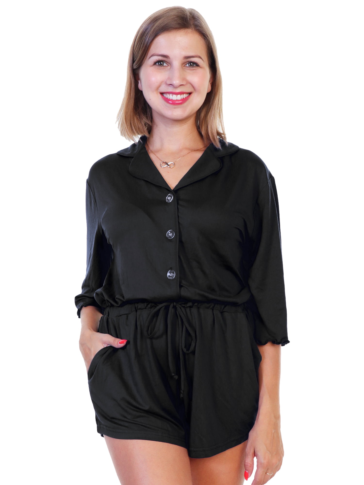 Angelina Brushed Microfiber Quarter Sleeves Button-Down Romper ...