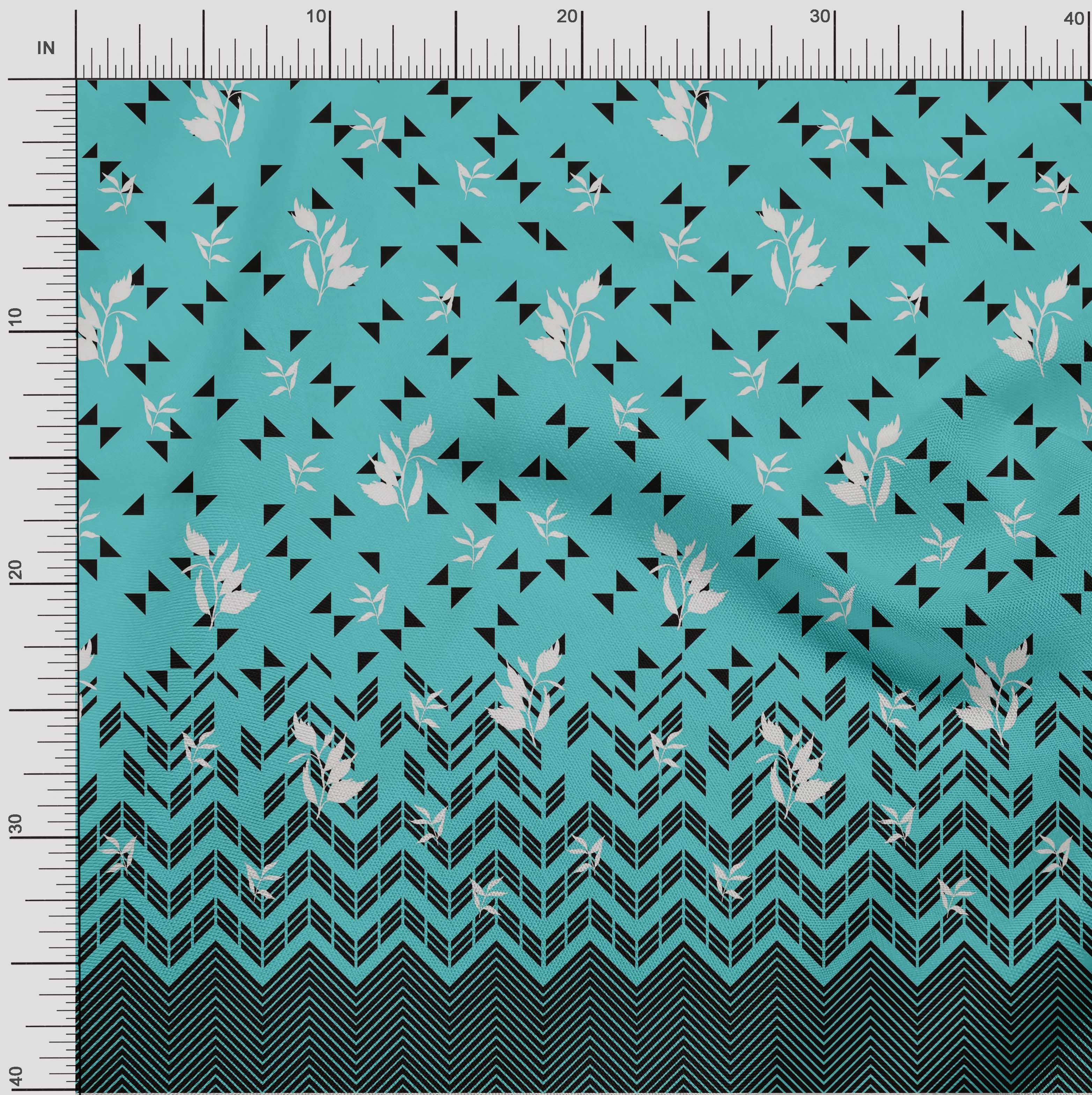 oneOone Cotton Poplin Turquoise Blue Fabric Leaves Chevron & Triangle ...