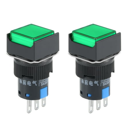2 pcs 16mm Latching Push Button Switch Green Square Button 1 NO 1 NC ...