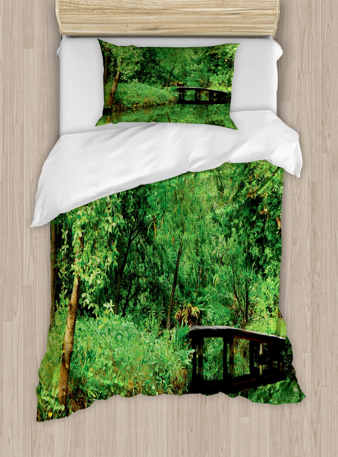 Tree Duvet Cover Set, Deep in Forest Theme Woodsy Landscape Leaves And ...