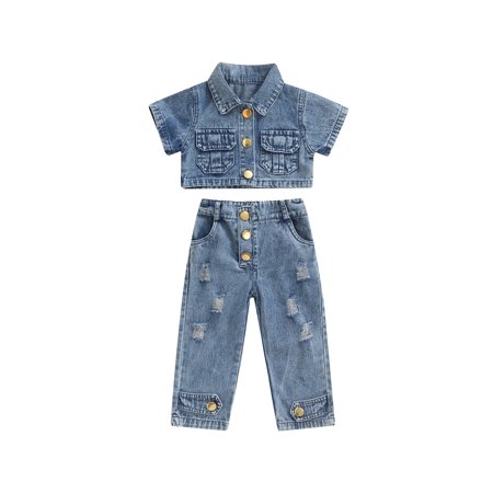 SAYOO Kid Girl Jeans Suits, Short Sleeve Button Tops + Ripped Hole ...