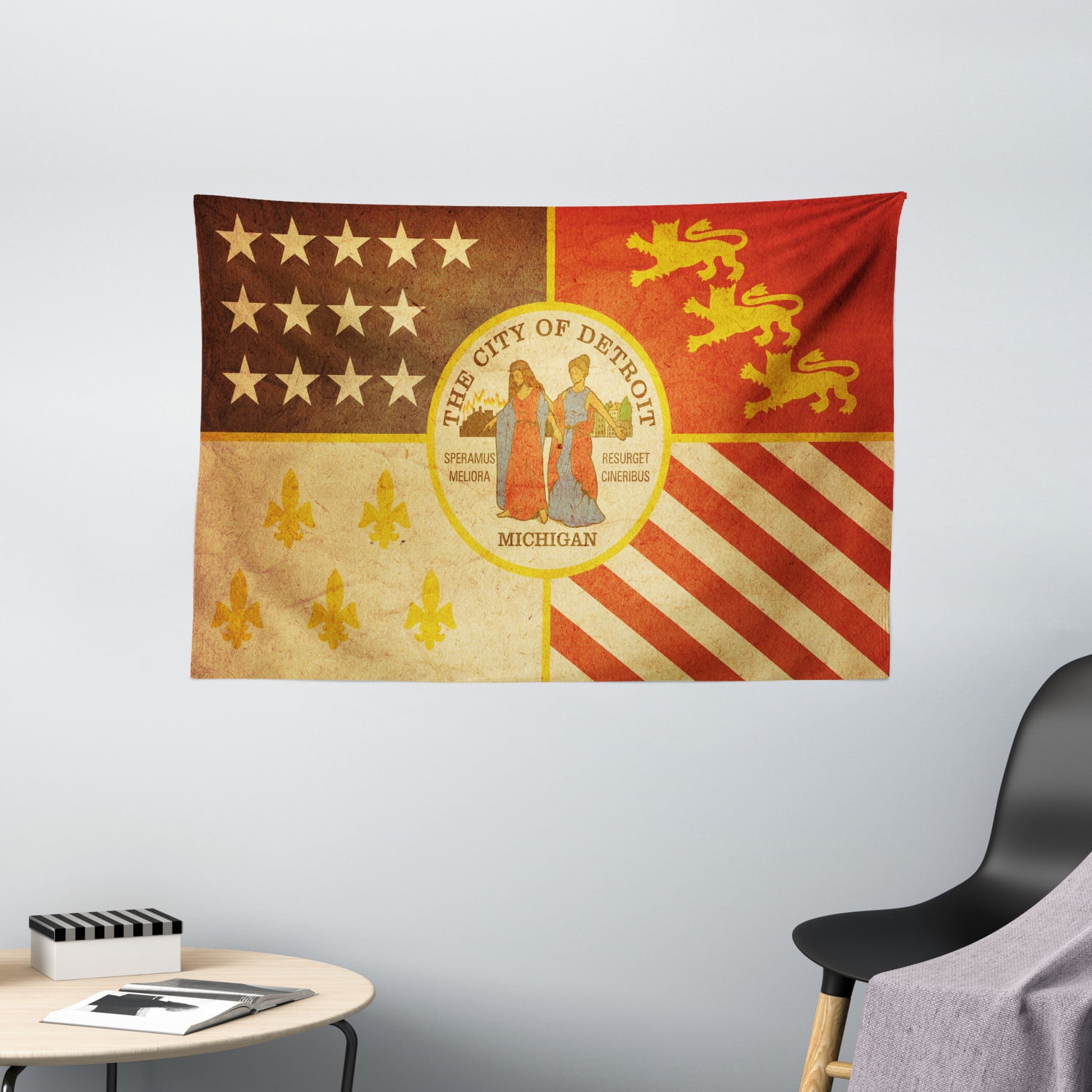 Detroit Decor Tapestry, Historical Old Symbol of Detroit City Rusty ...