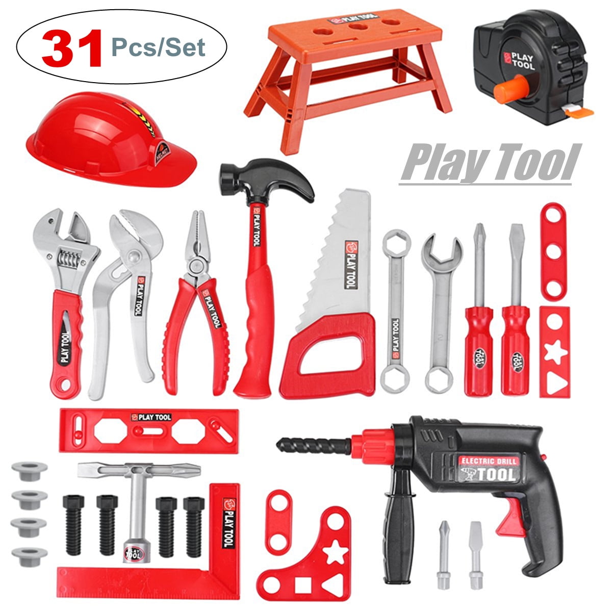 31 Pcs Children Drill Tool Set Role Play Builders Building Construction ...