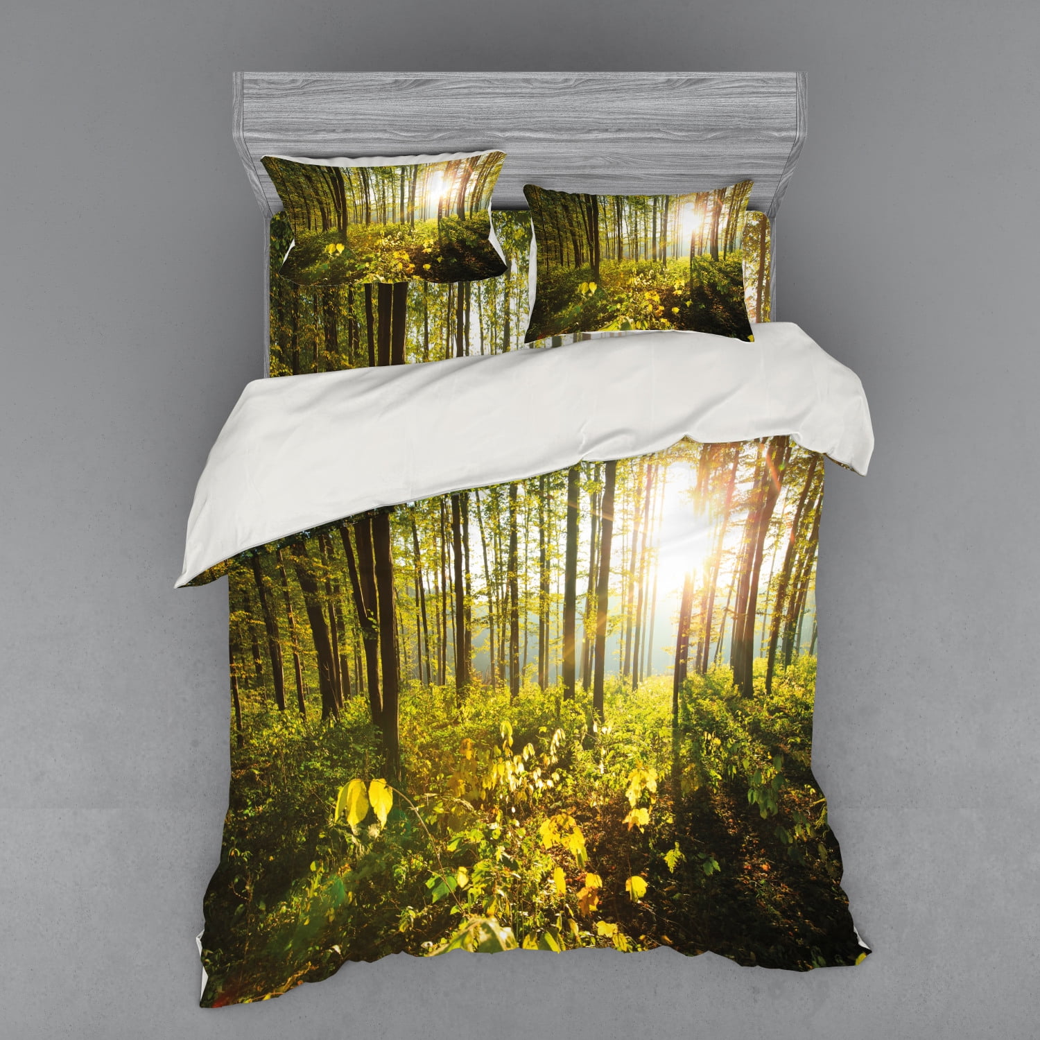 Forest Duvet Cover Set, Trees Sun Rays in Woods Foliage Greenery Scenic ...