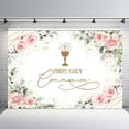 God Bless Baptism Backdrop Green Eucalyptus Leaves Pink Floral First ...