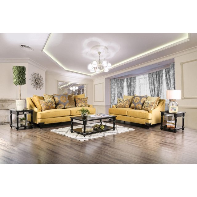 Traditional Gold & Gray Velvet-like Fabric Sofa and Loveseat FOA ...