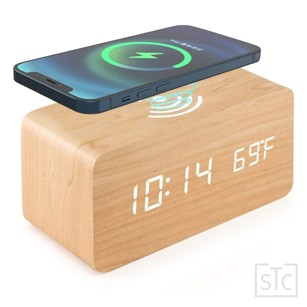ELECTIME Wooden Digital Alarm Clock with Wireless Charging, Temperature ...