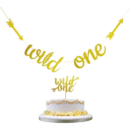 Wild One Banner Gold Glitter Sign with Wild One Arrow Cake Topper for ...