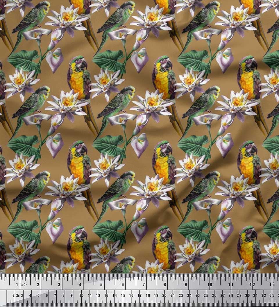 Soimoi Silk Fabric Macaw Parrot,Leaves & Waterlily Floral Print Fabric ...