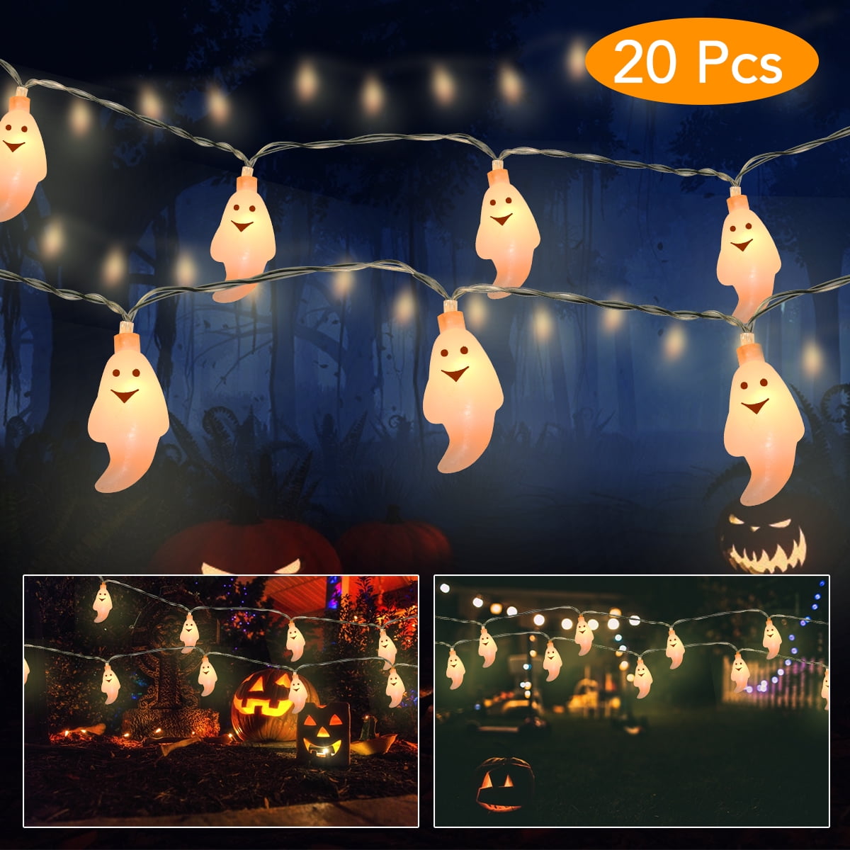 Juhefa Halloween Ghost String Lights 8.5' LED 20-Bulb Battery Powered ...