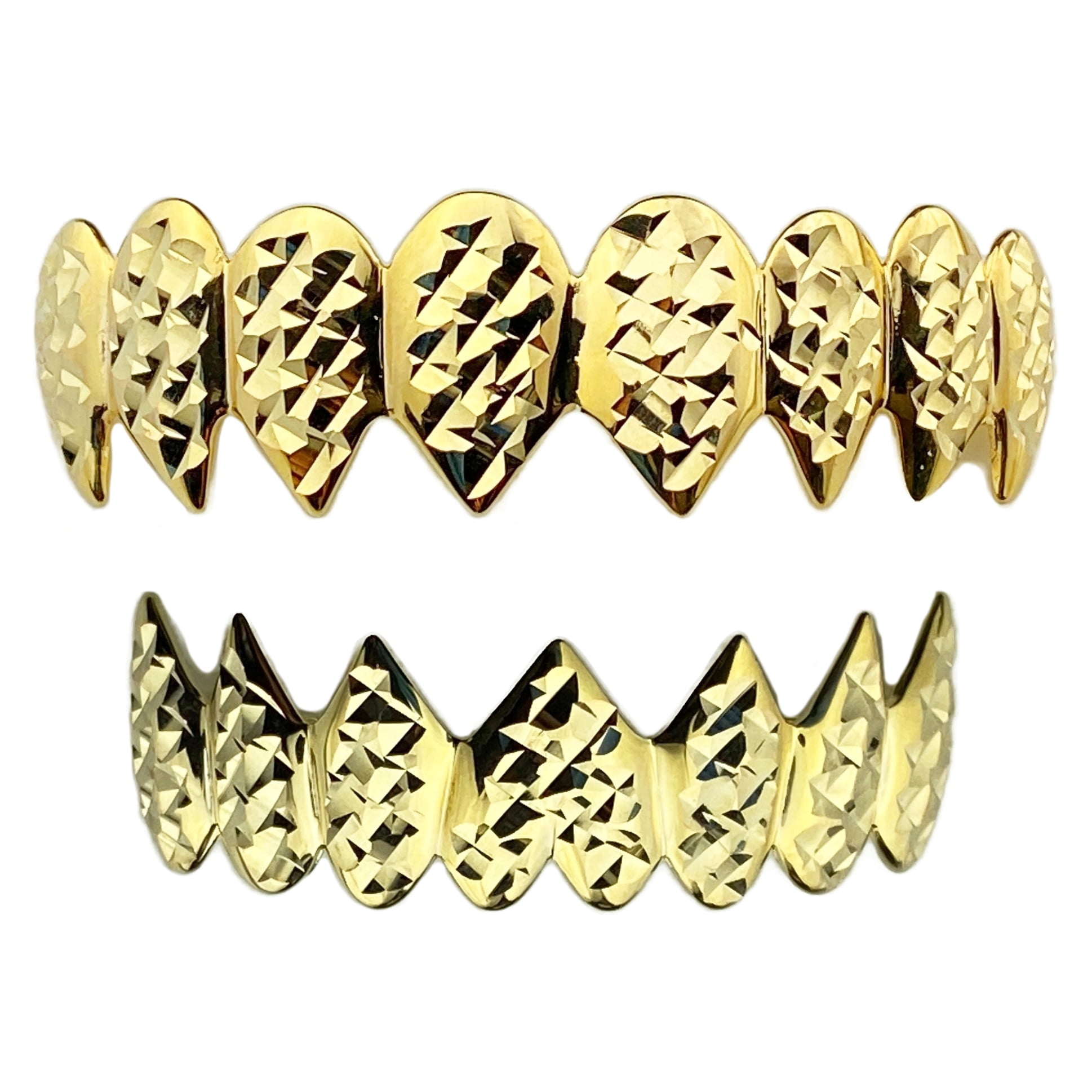 14K Gold Plated Shark Grillz Set Diamond Cut 8 Top & Eight Bottom Teeth ...