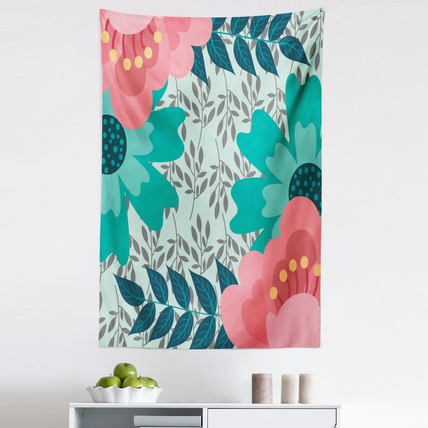Foliage Tapestry, Pattern Along Flowers and Leafy Branches Exotic ...