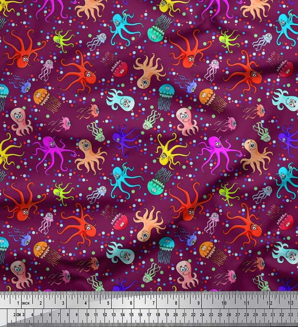 Soimoi Silk Fabric Dot,Octopus & Jellyfish Ocean Fabric Prints by Yard ...