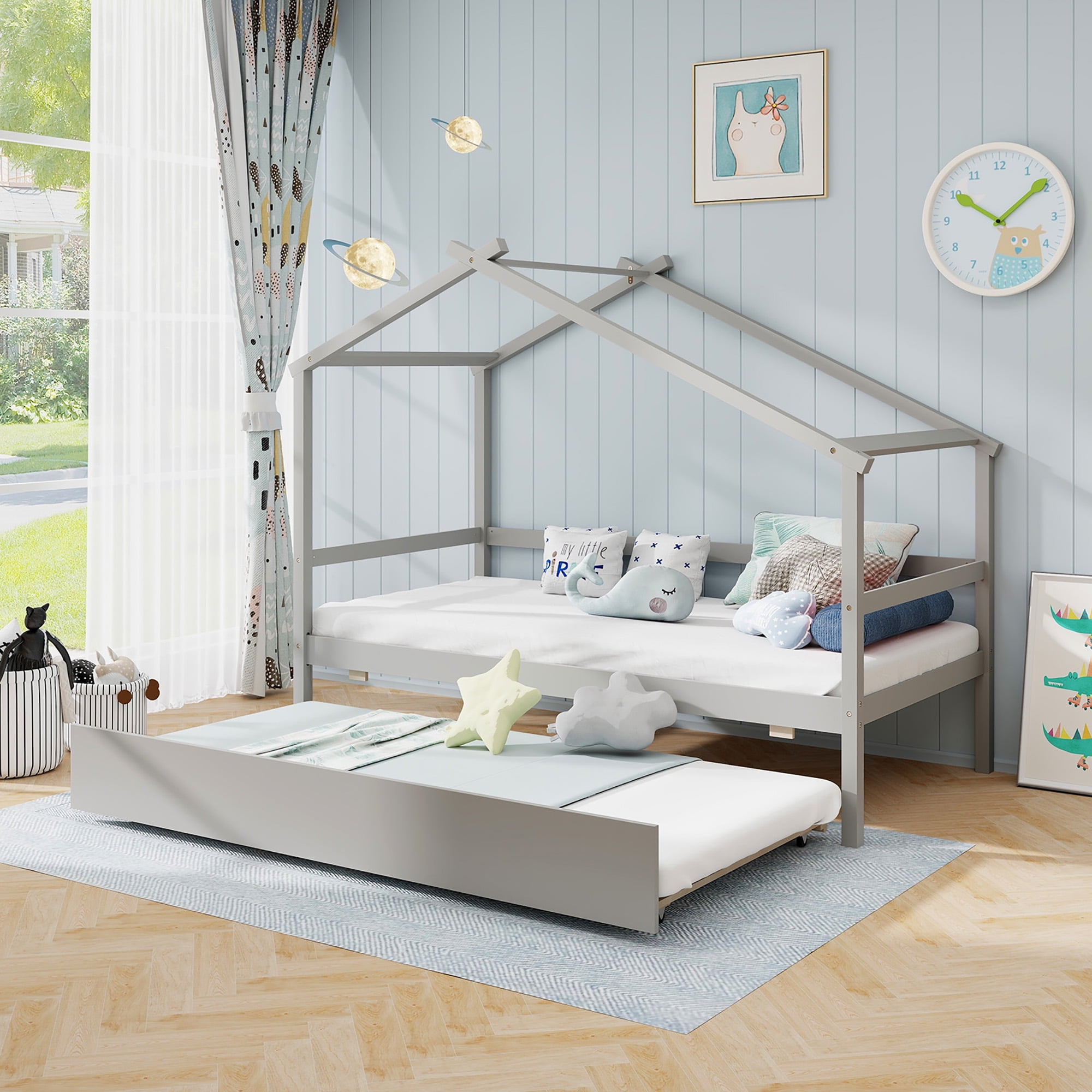 Click here for Gymax Twin House Bed W/ Trundle W/ Roof & Fence Ra... prices