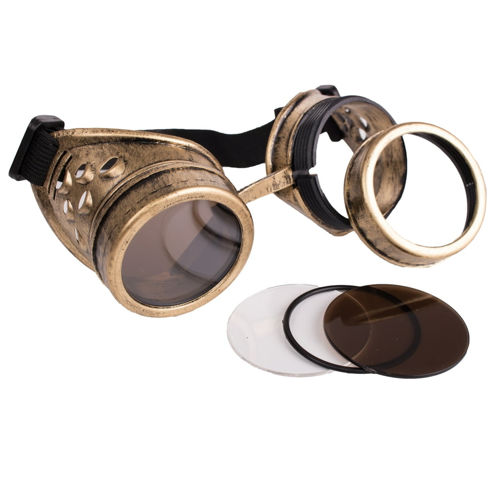 Vintage Steampunk Goggles Gold Welding Glasses Multiple Lenses Black ...