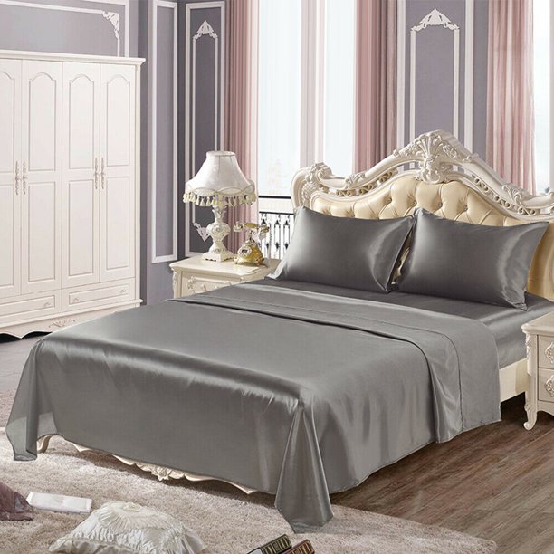 ANMINY Satin Sheets Full Silk Sheets Gray Bed Sheet Set Deep Pocket Bed ...