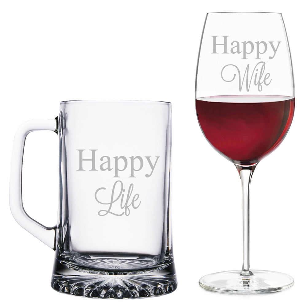 Happy Life Beer Mug and Happy Wife Wine Glass Set - Walmart.com