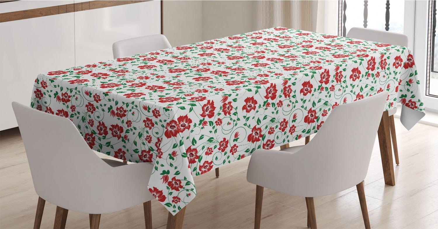 Floral Vintage Tablecloth, Flower Bouquets Swirly Leafy Branches ...