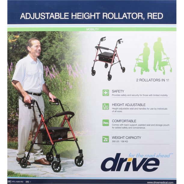 Drive Medical Adjustable Height Aluminum Frame Rollator w/ 6" Casters ...