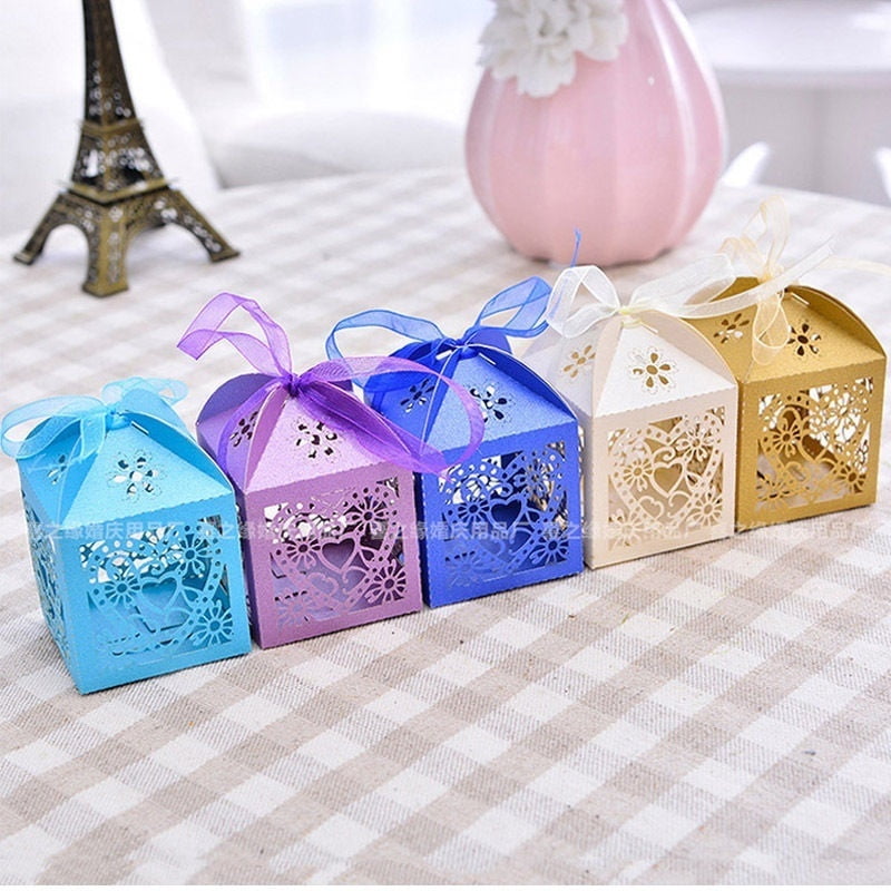 50PCS Love Heart Laser Cut Candy Box Gift Boxes Ribbon Wedding Party ...