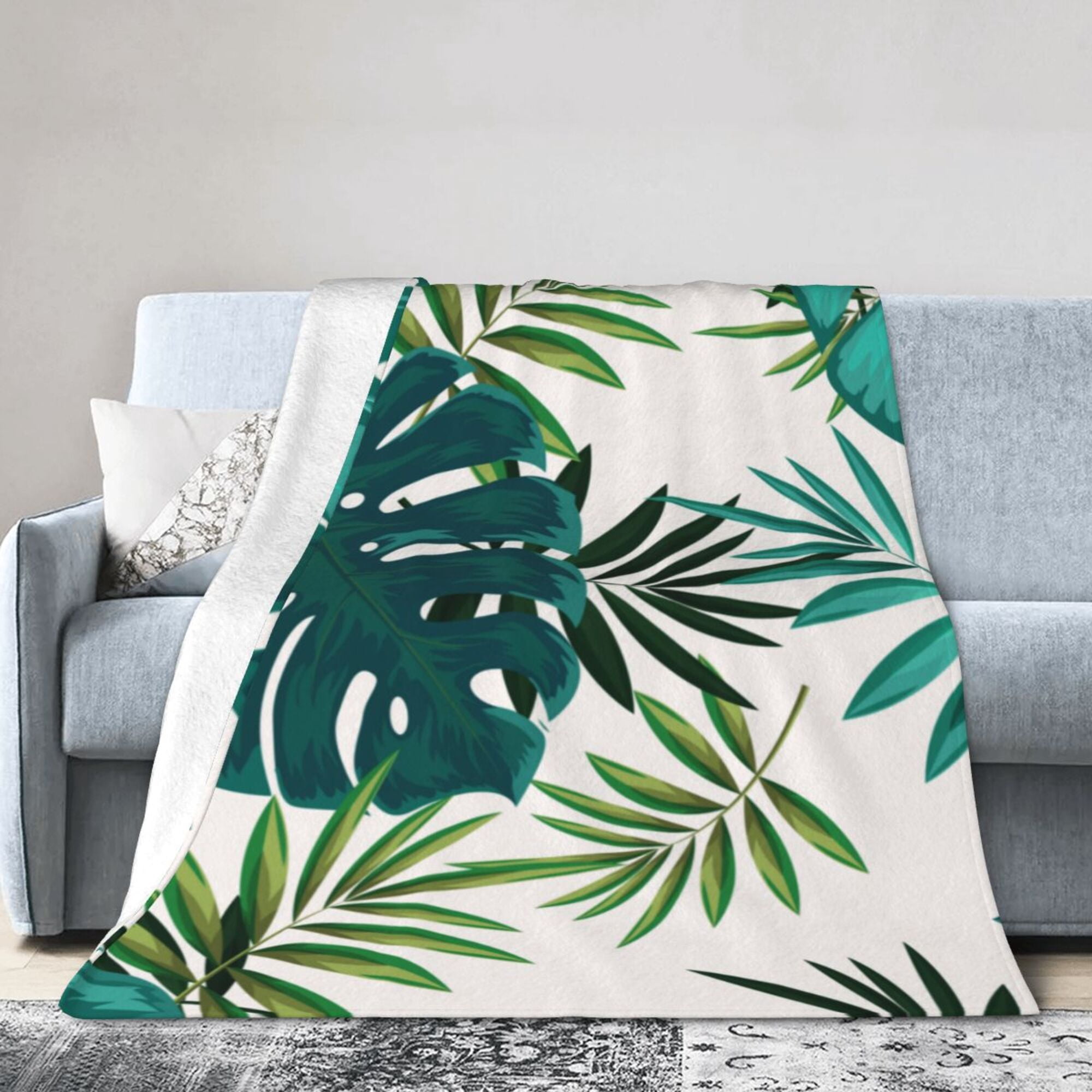 Green Tropical Plant Watercolor Throw Blanket, Fluffy Soft Cozy Blanket ...