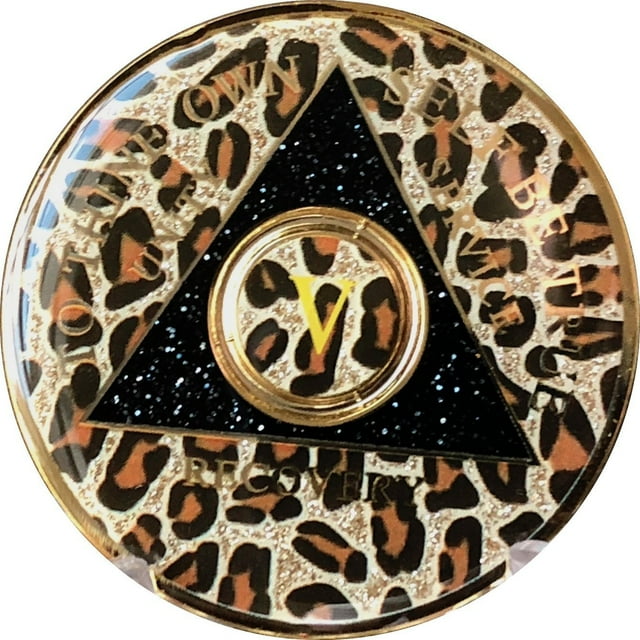 5 Year AA Medallion Leopard Animal Print Tri-Plate Sobriety Chip ...