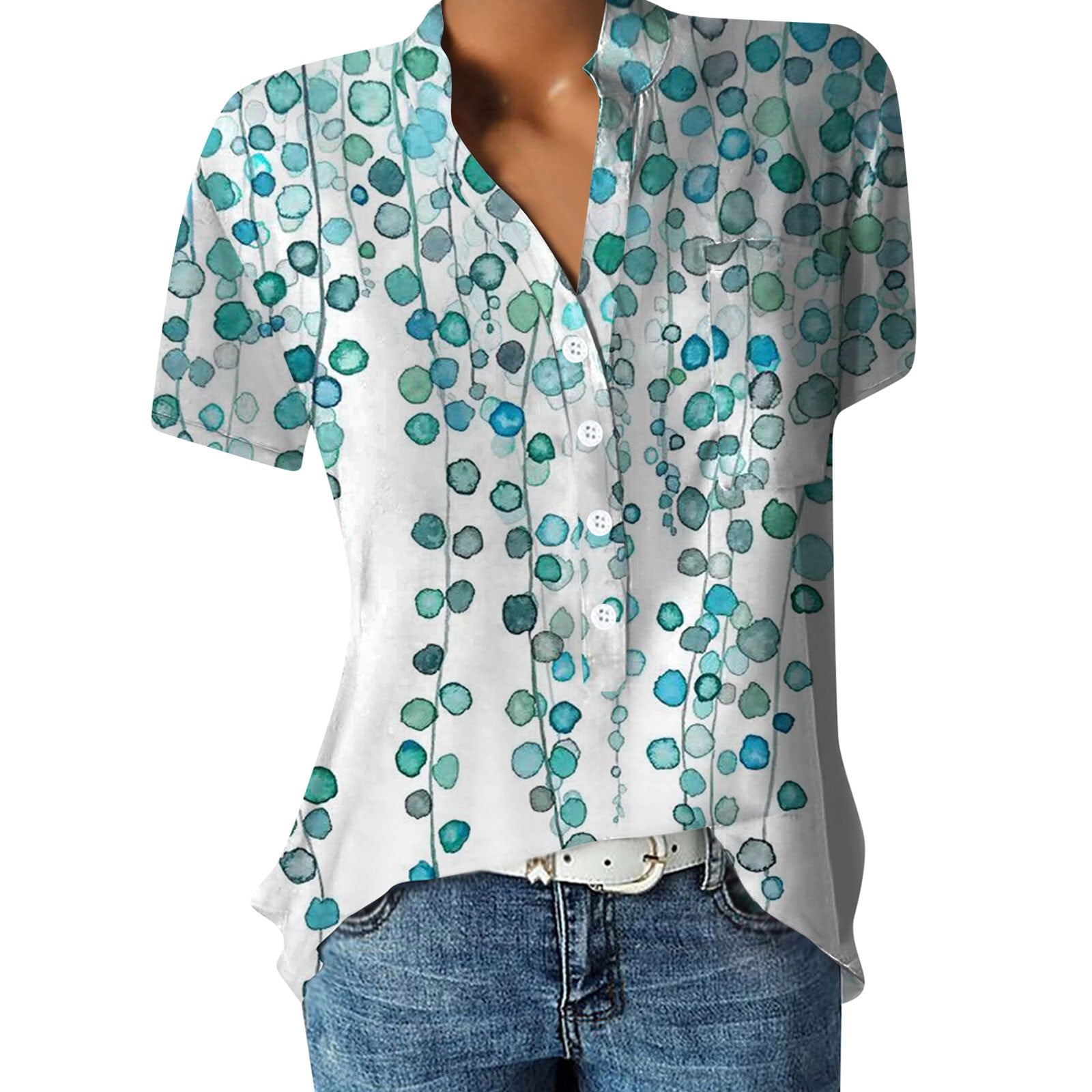 Mlqidk Womens Short Sleeve Floral V Neck Tops Casual Tunic Blouse