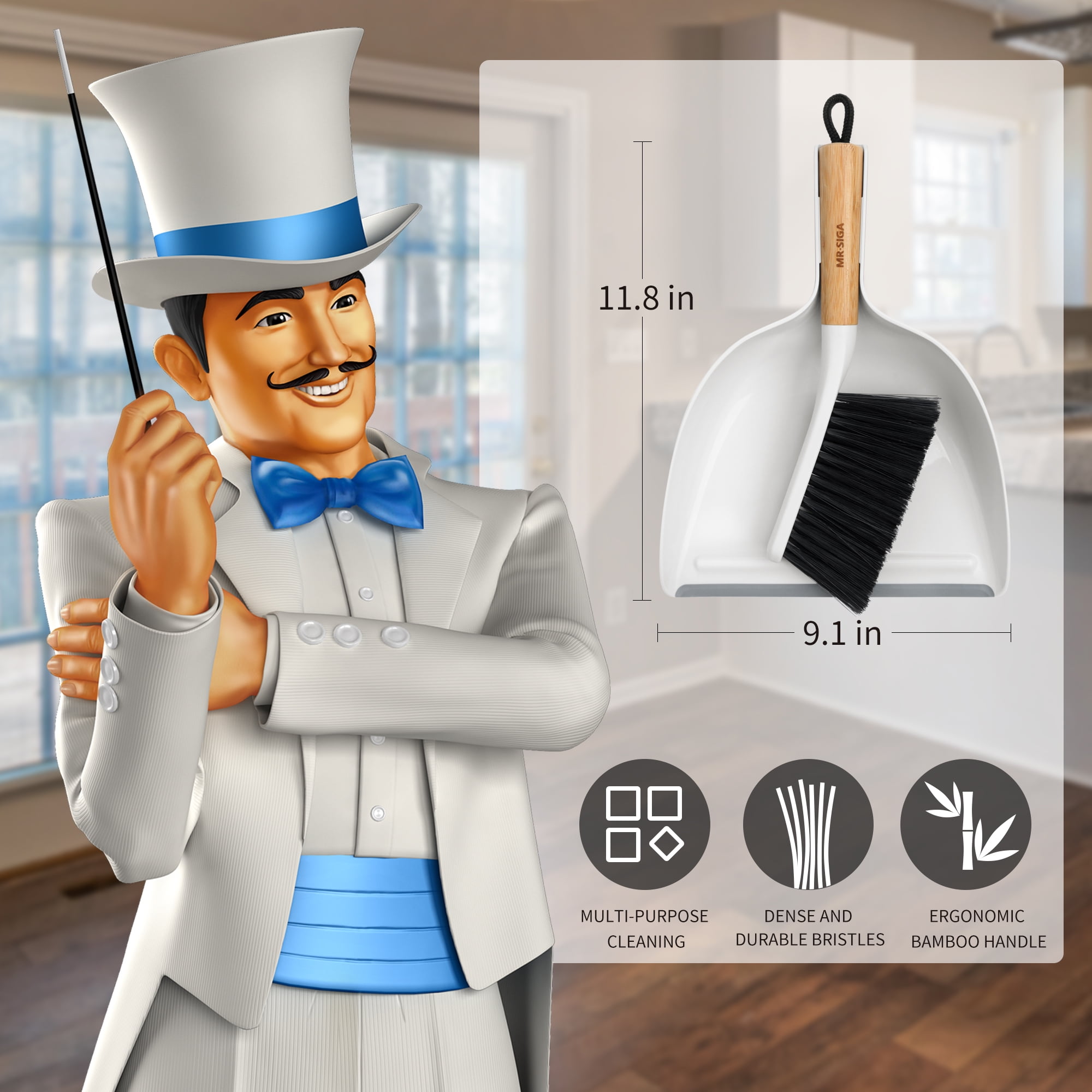 MR.Siga Dustpan and Brush Set, Cleaning Brush and Dustpan Combo with Bamboo Handle