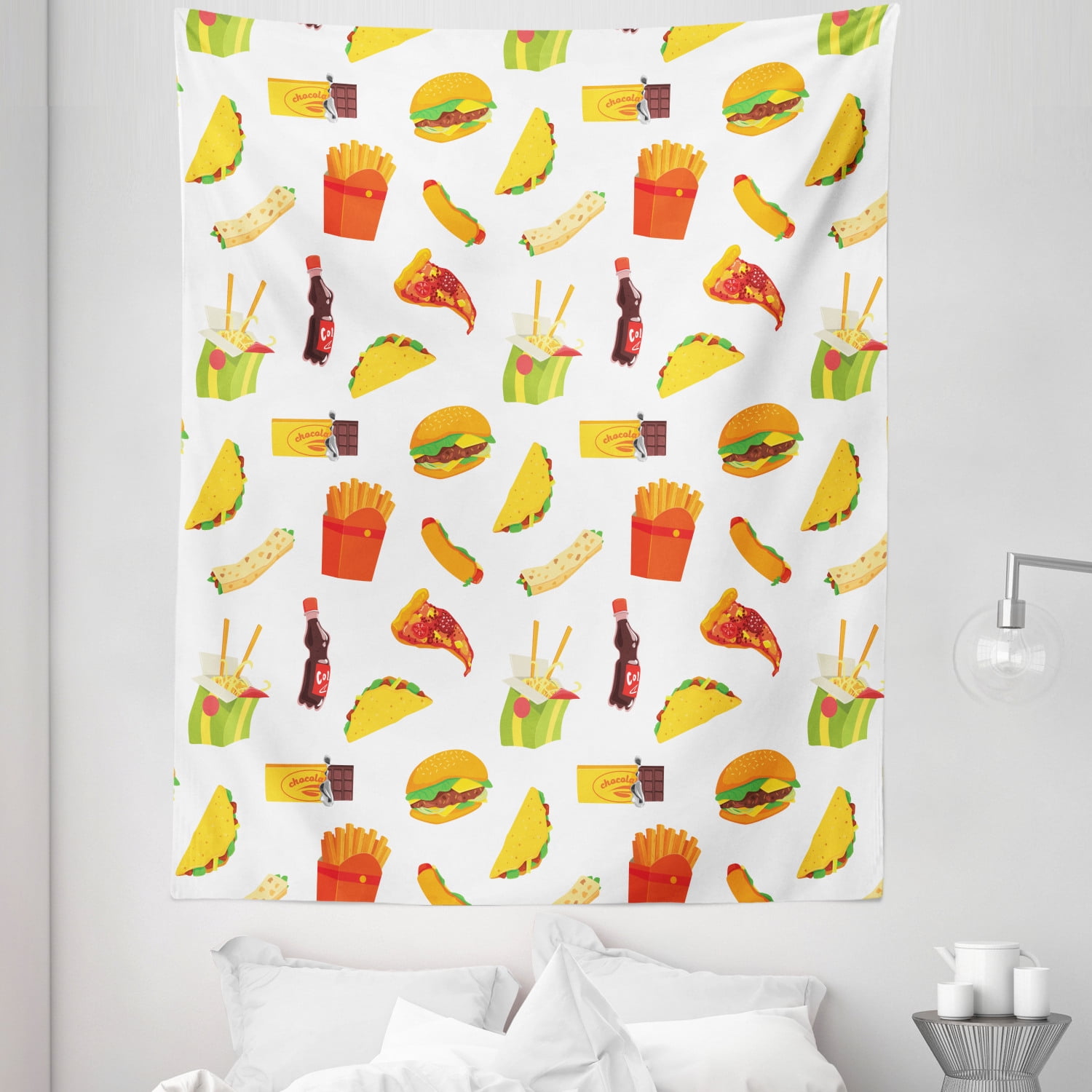 Pizza Tapestry, Colorful Cartoon Snacks and Fast Food Eats Hamburger ...