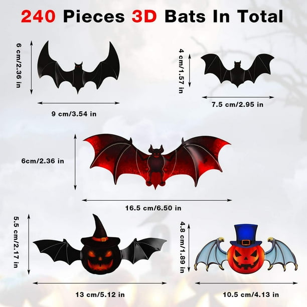 240 Pieces 3D Bat Wall Stickers Halloween Decorations Bat Wall Decals ...