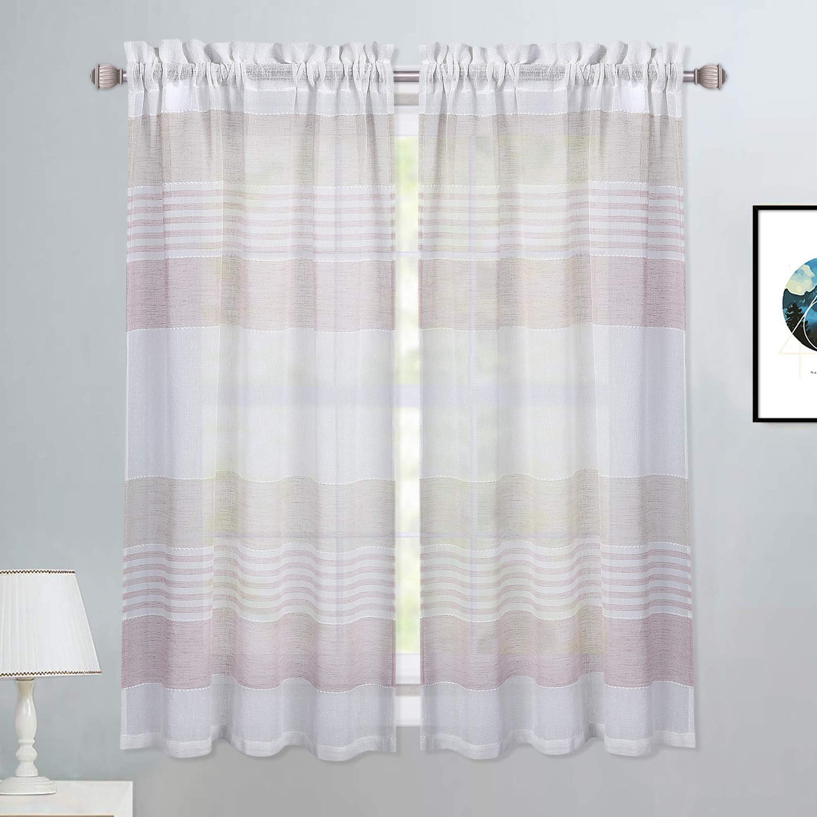 Kitsin Kitchen Sheer Curtains, Splicing Striped Design Linen Textured ...