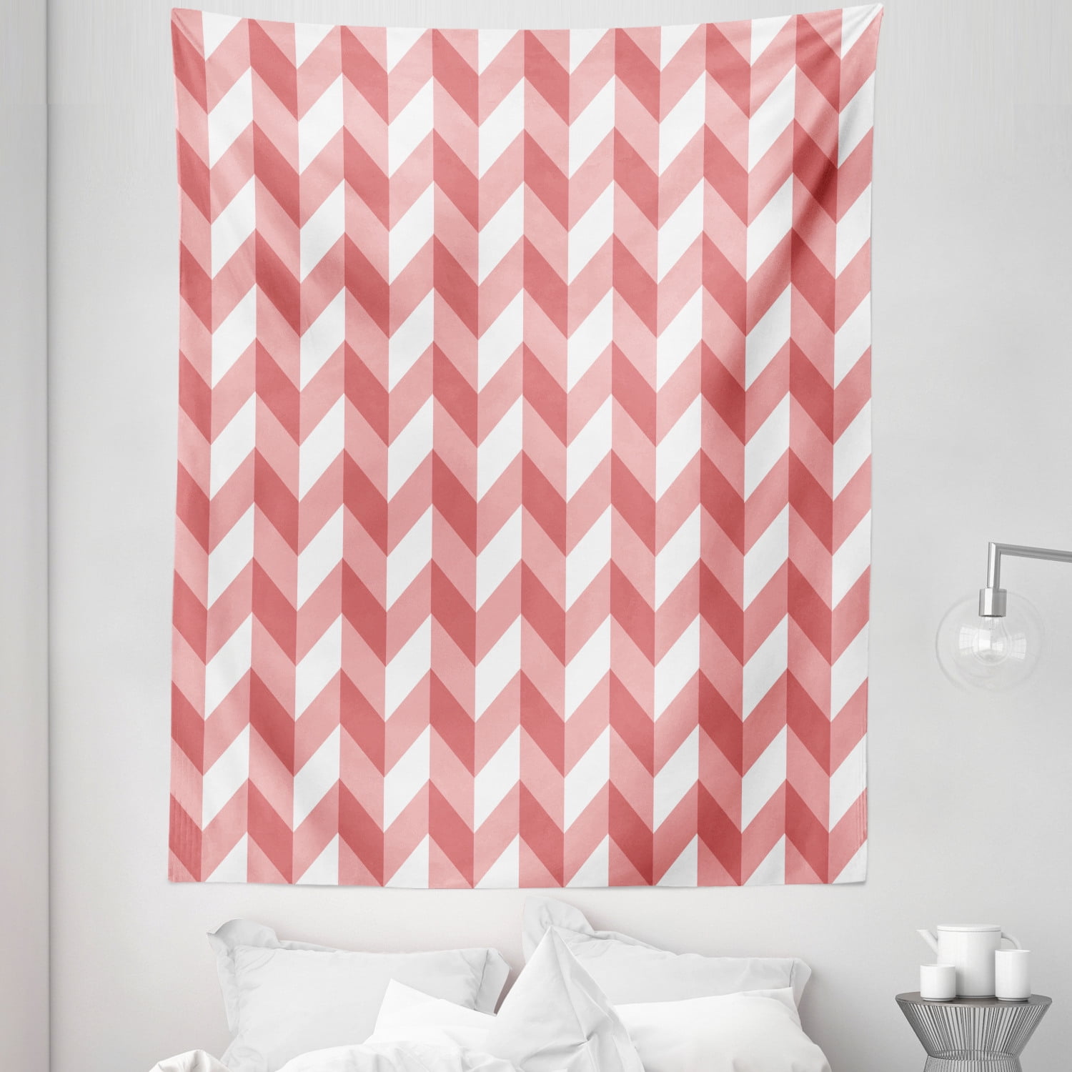 Coral Tapestry, Retro Abstract Geometric Striped Pattern with Chevron Zigzags Triangular, Fabric ...