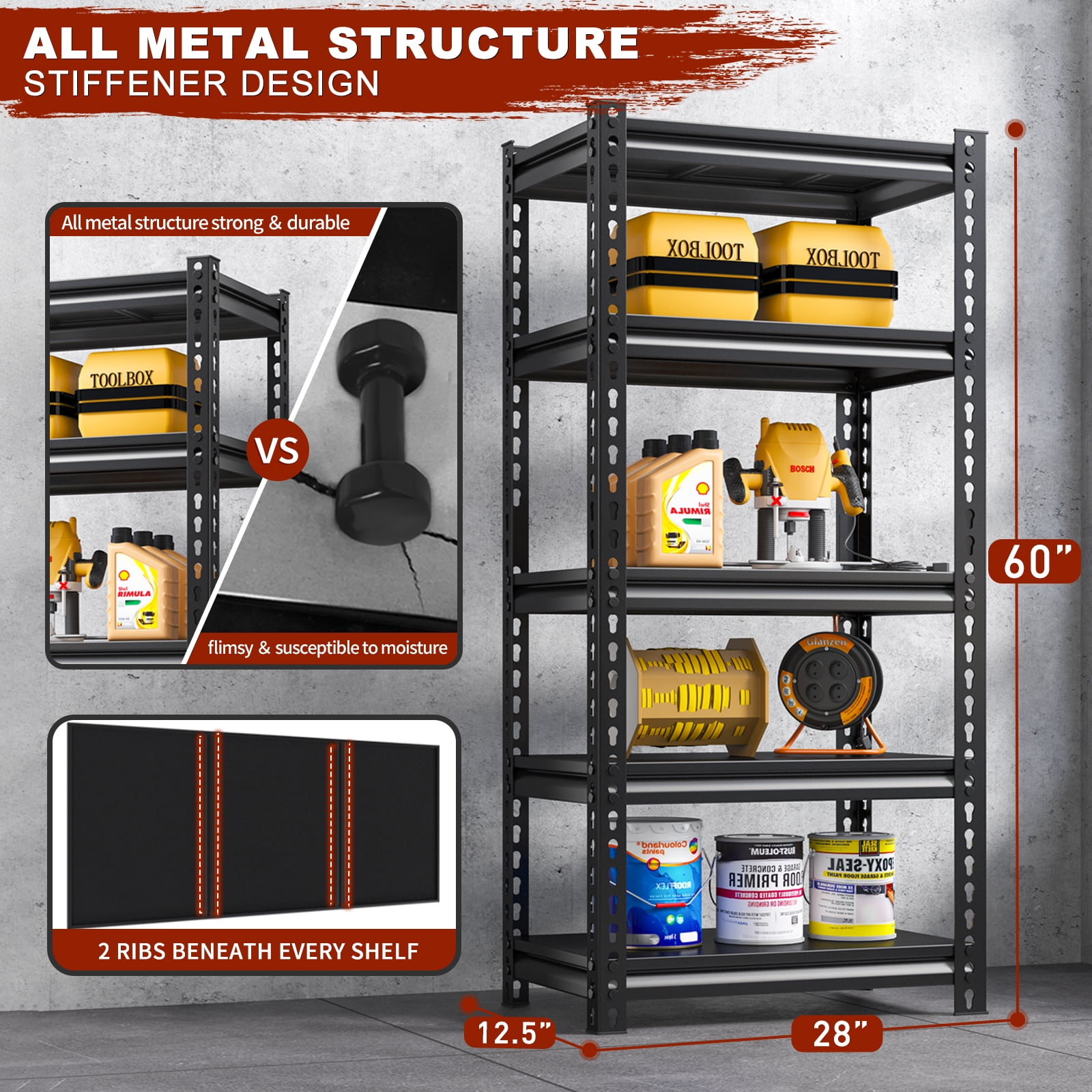 Raybee 39.3 W Storage Shelves, Garage Shelving, 4 Tier Steel Shelf ...
