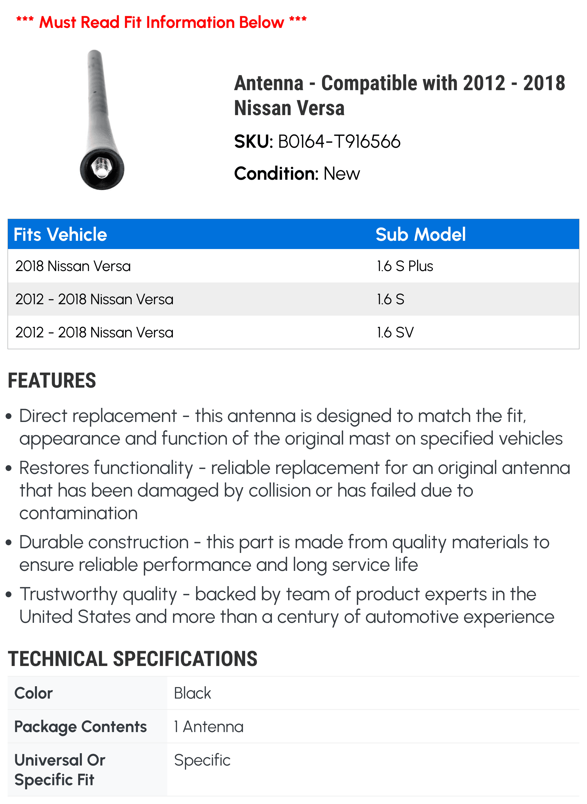 Antenna Compatible with 2012 2018 Nissan Versa 2013 2014 2015 2016 2017 Walmart
