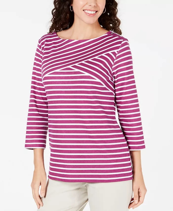Karen Scott - Karen Scott Women's Striped Crossover Top Black Size ...