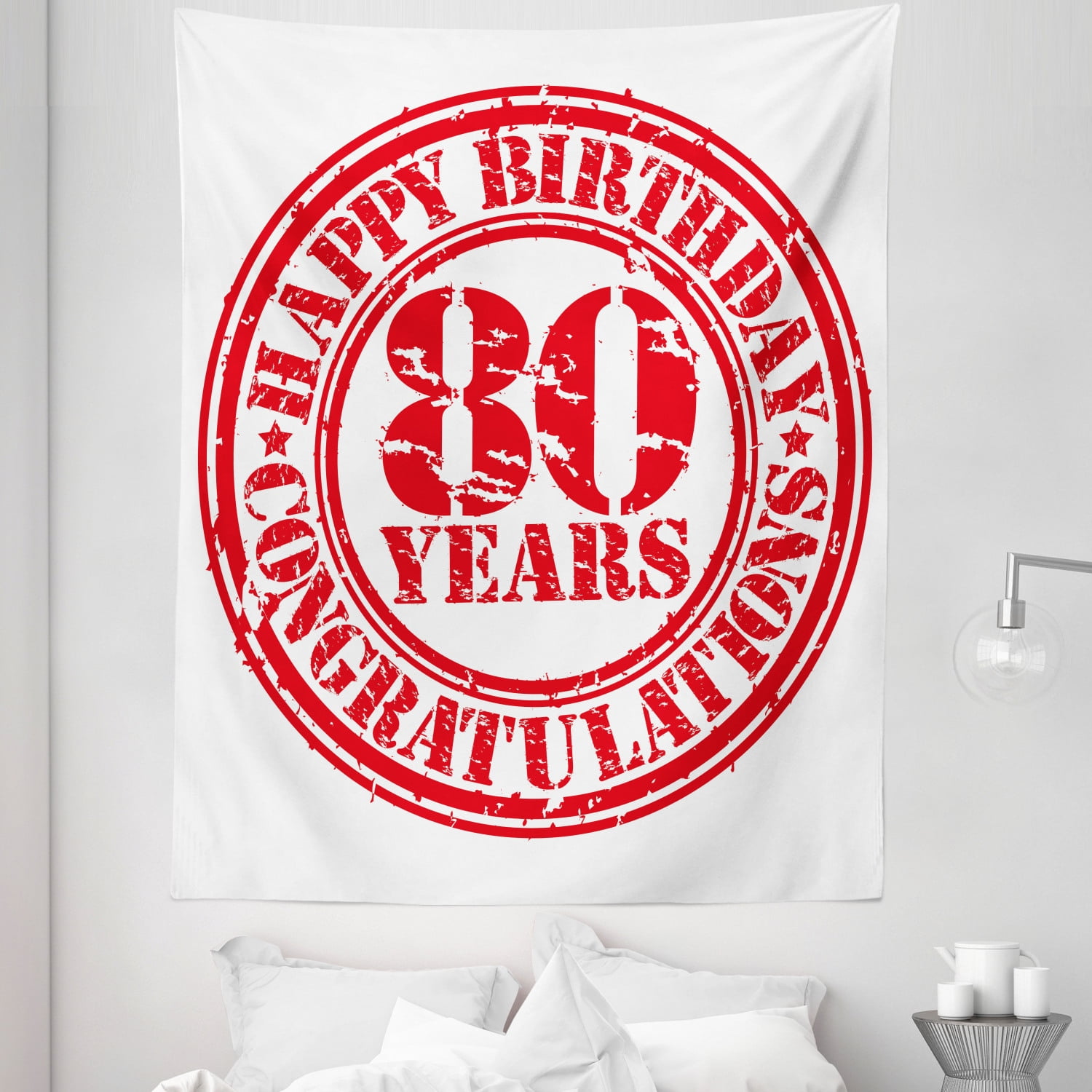 80th Birthday Tapestry, Happy Birthday Print Retro Grunge Stamp for 80 ...