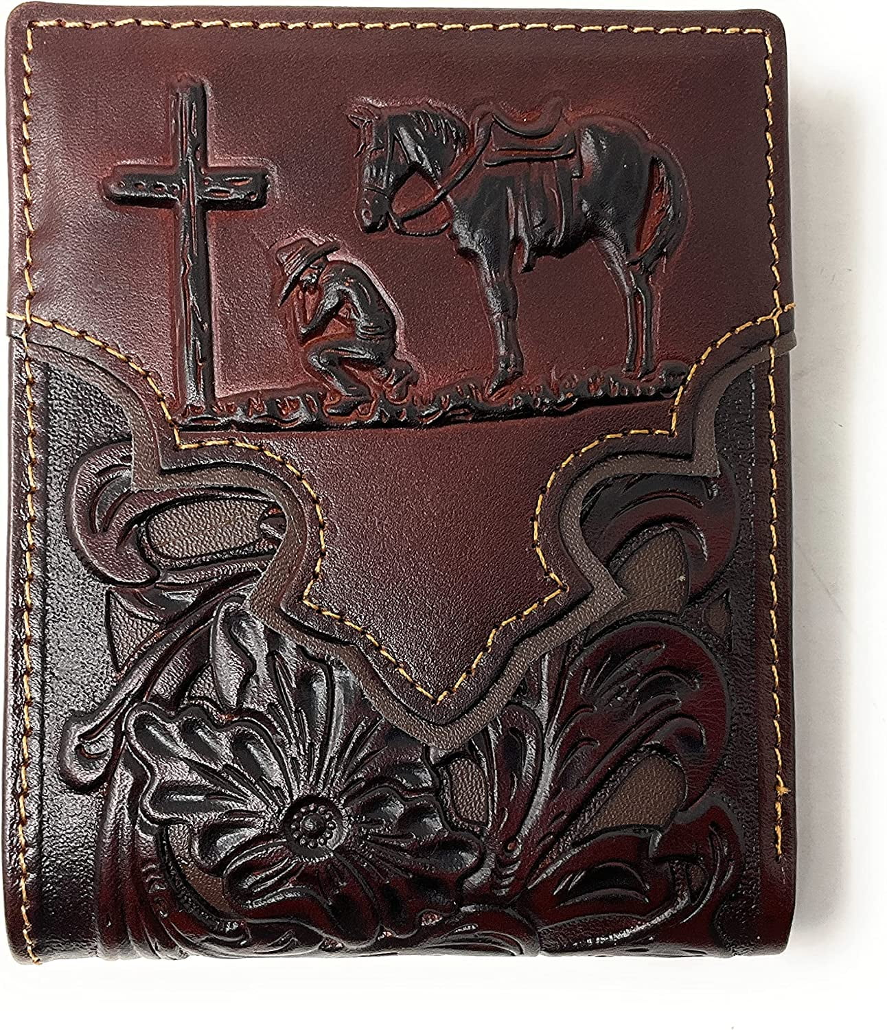 Western Men's Genuine Leather Floral Tooled Laser Cut Praying Cowboy ...