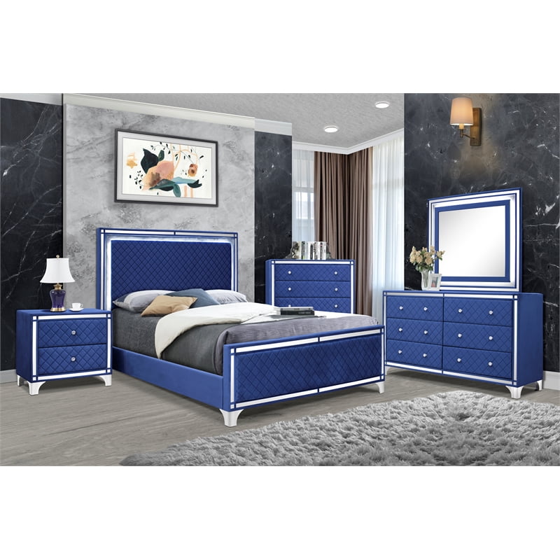 Linda Queen 6 Piece LED Bedroom Set made with MDF Wood in Blue ...