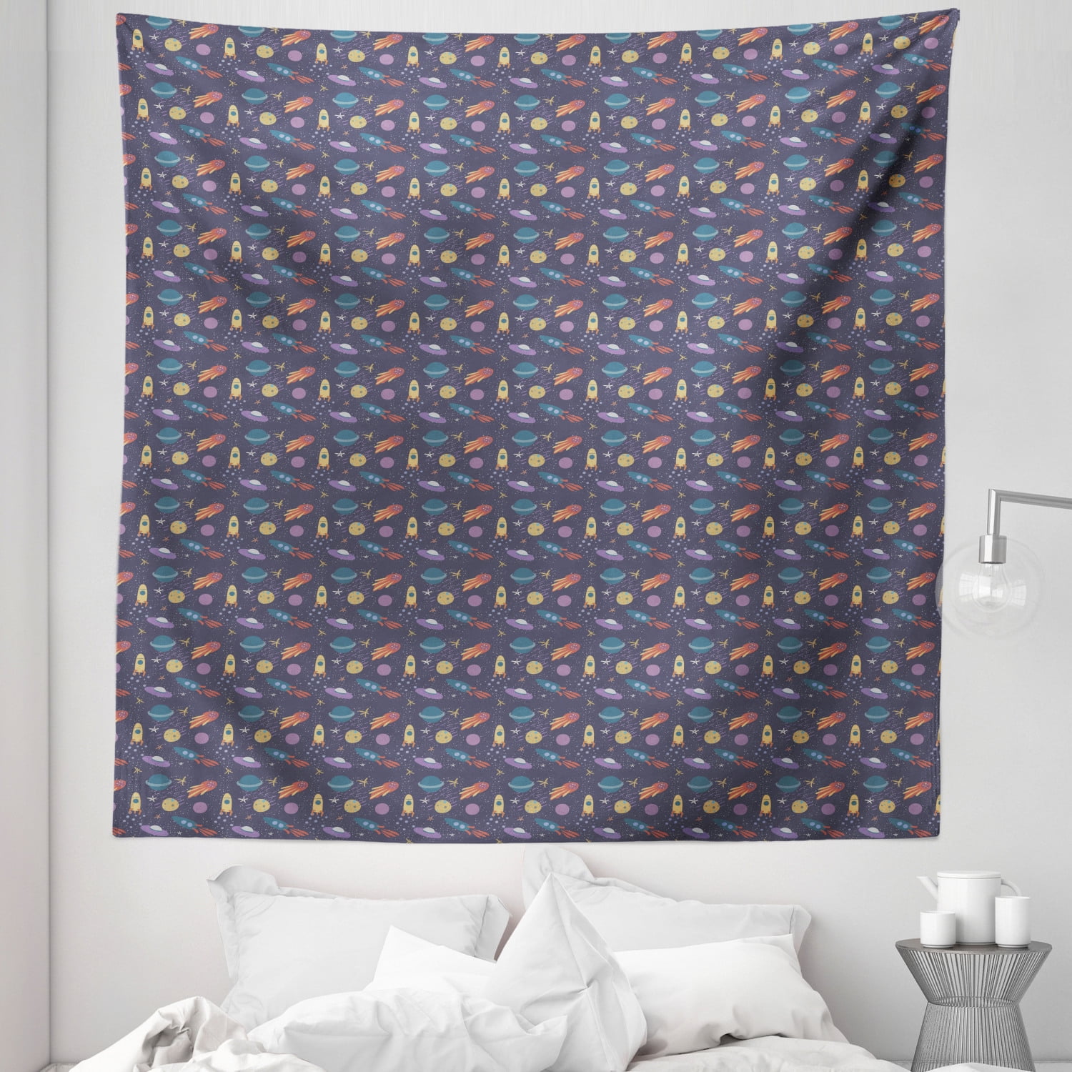 Alien Tapestry, Space Themed Comet Stars Rockets and Planets in Pastel ...