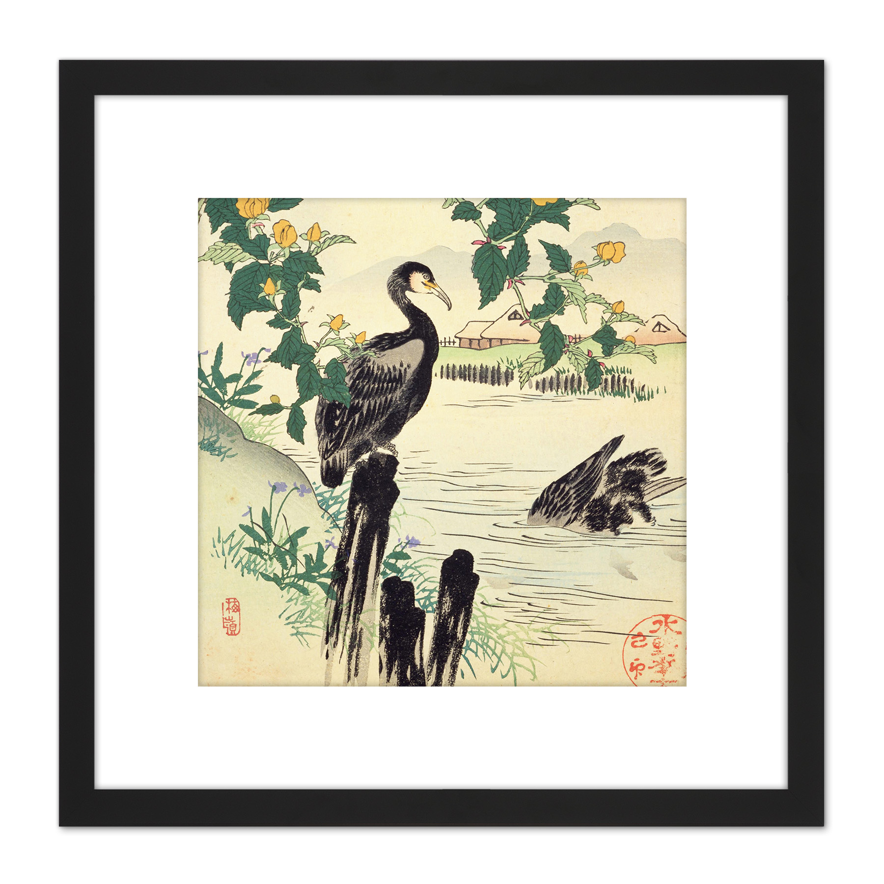 Bairei Kacho Gafu Spring Japanese Kerria And Cormorants 8X8 Inch Square ...
