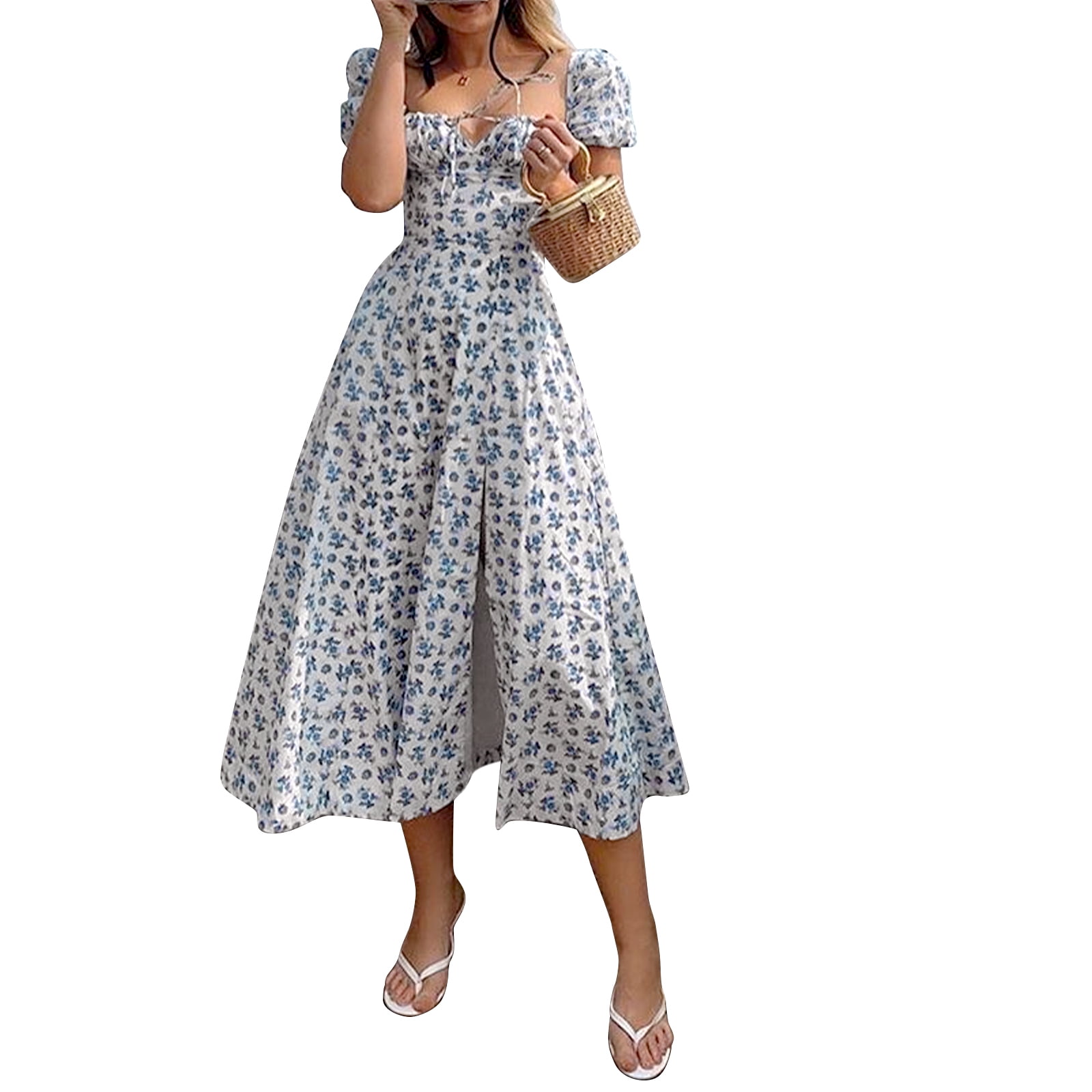 Women Boho Cottagecore Dress Puff Sleeve Vintage Dress Square Neck ...