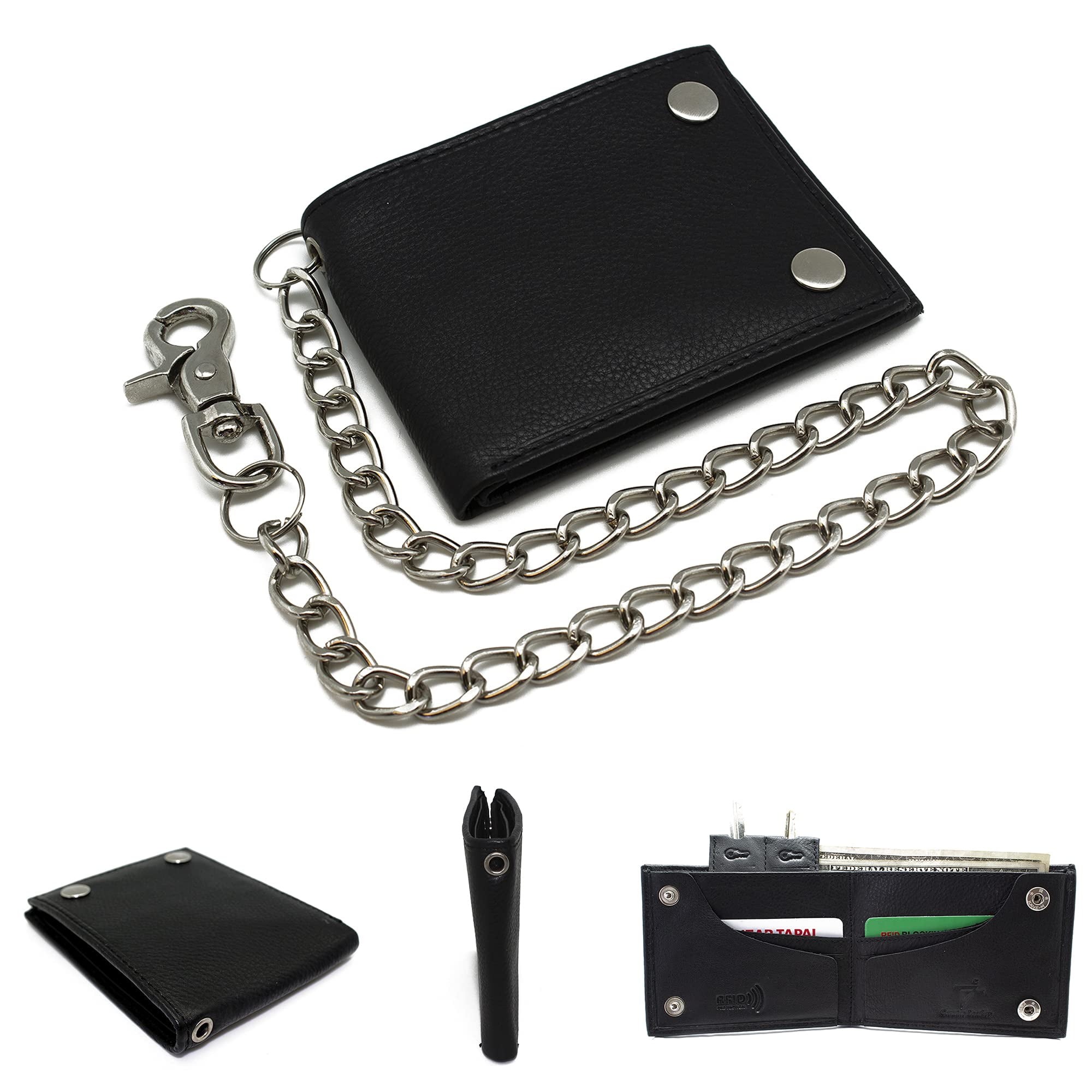 Chain Wallet for Men RFID Safe Black Real Leather Bifold Wallet for Men ...