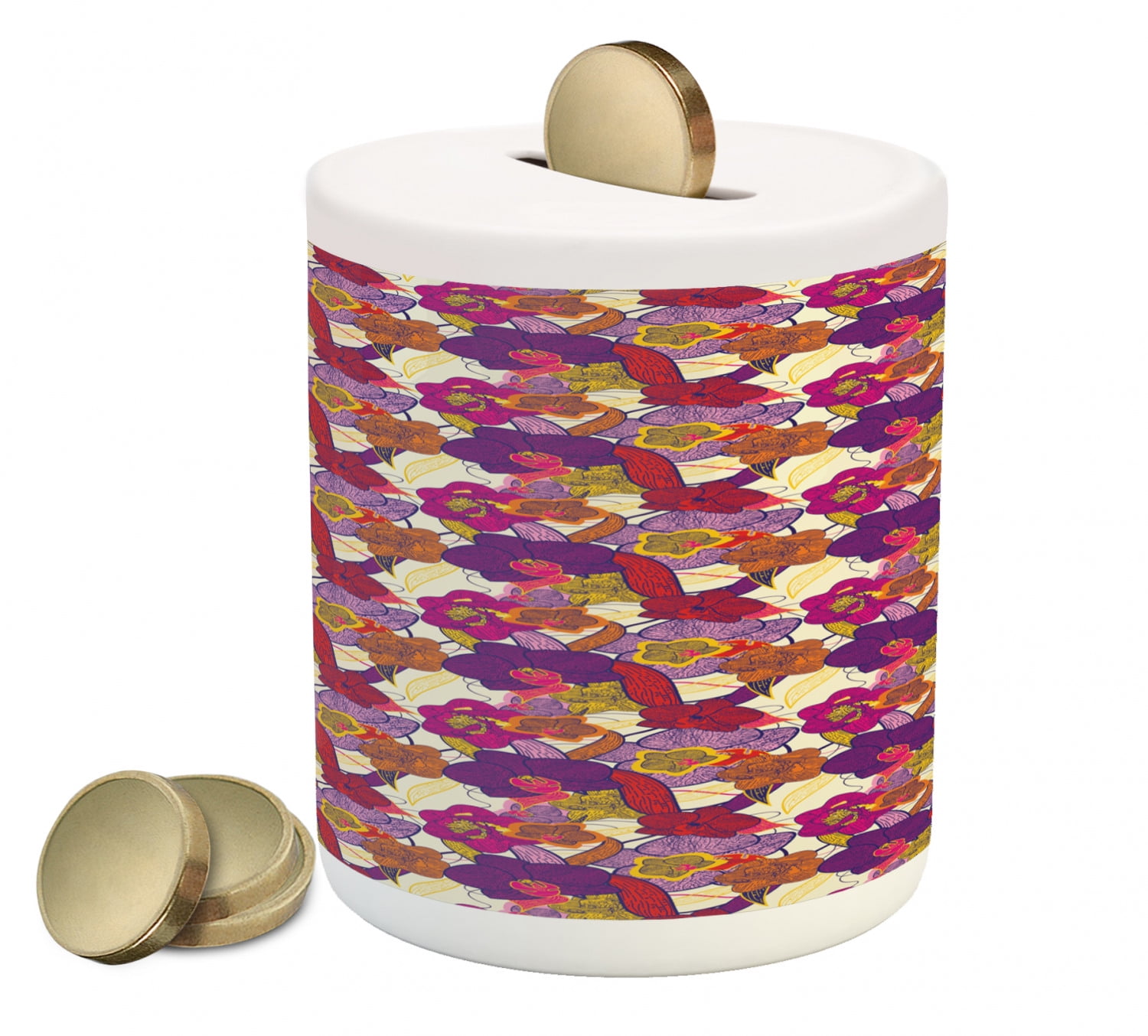Colorful Piggy Bank, Vibrant Colored Orchid Flowers with Vintage Look ...