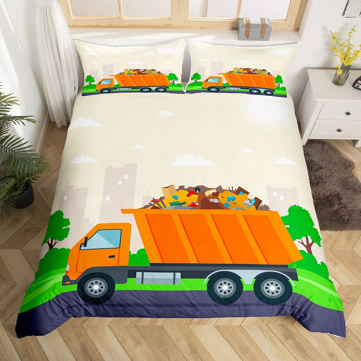 Cartoon Trash Truck Toddler Bedding Set Queen Size,Orange Garbage Truck ...
