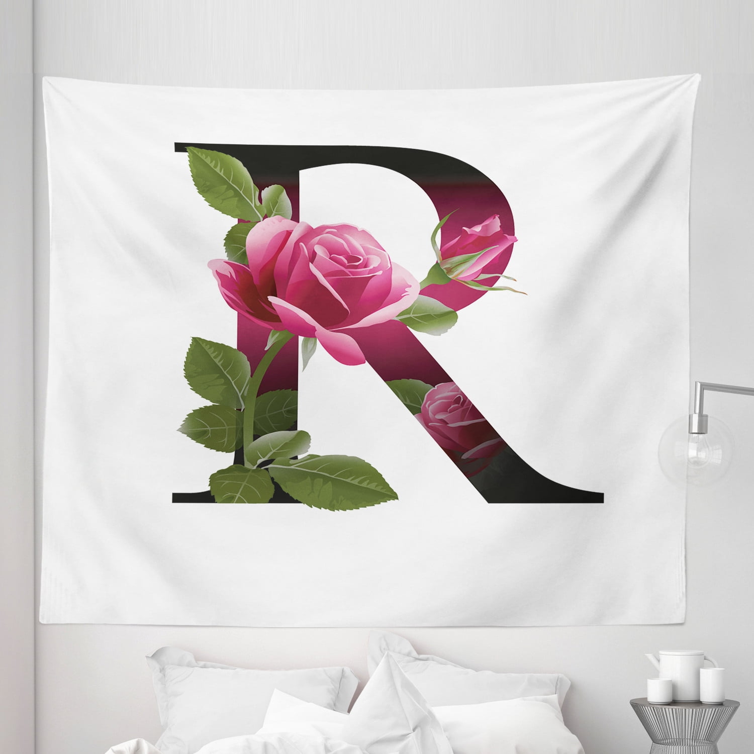 Letter R Tapestry, Capitalized R with Flower of Love Rose Nature ...