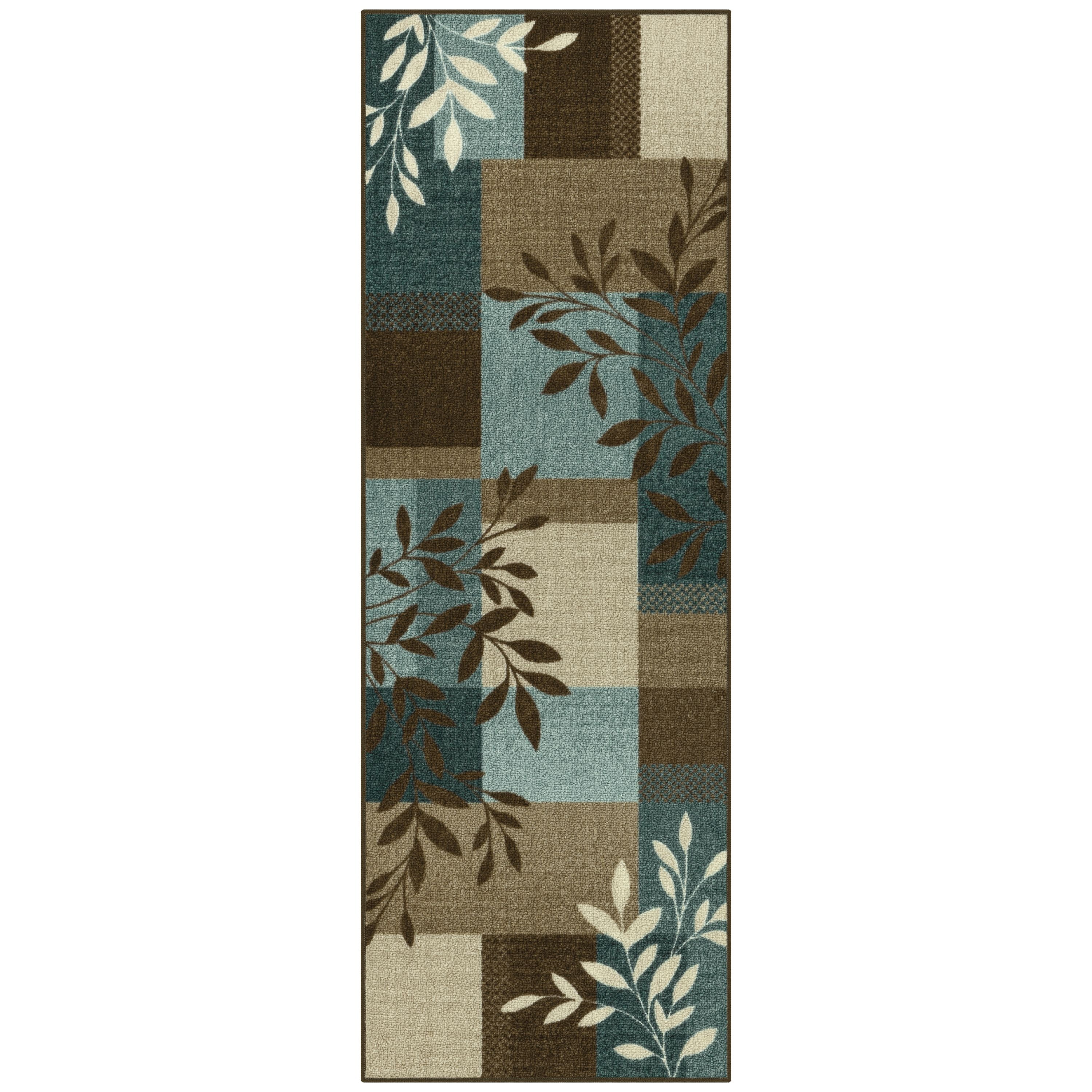 Mainstays Traditional Leaf Block Blue Brown Indoor Hallway Runner Rug ...